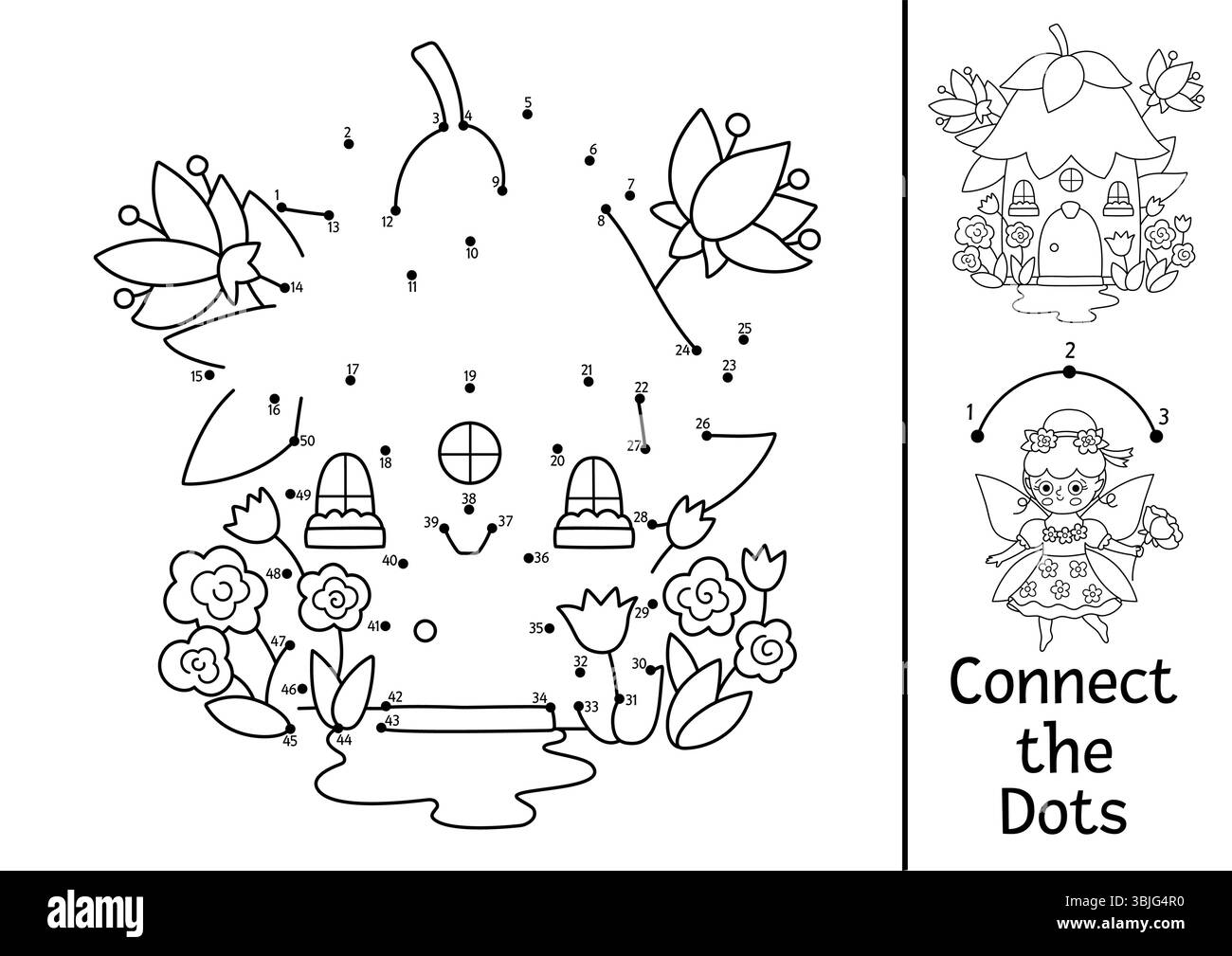 Vector black and white fairyland dot-to-dot activity with flower fairy ...