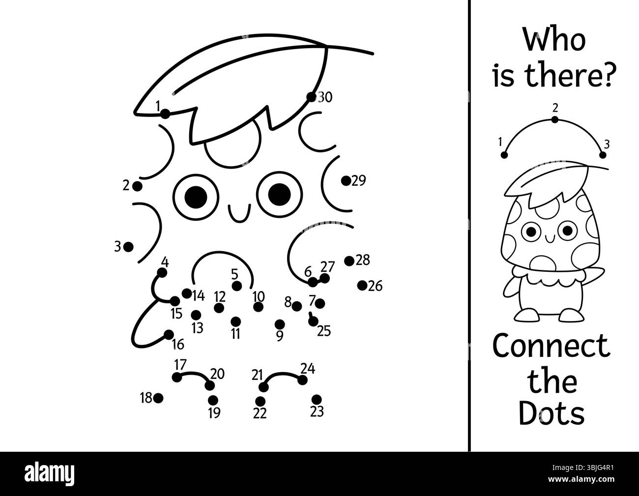 Vector black and white fairyland dot-to-dot activity with mushroom ...
