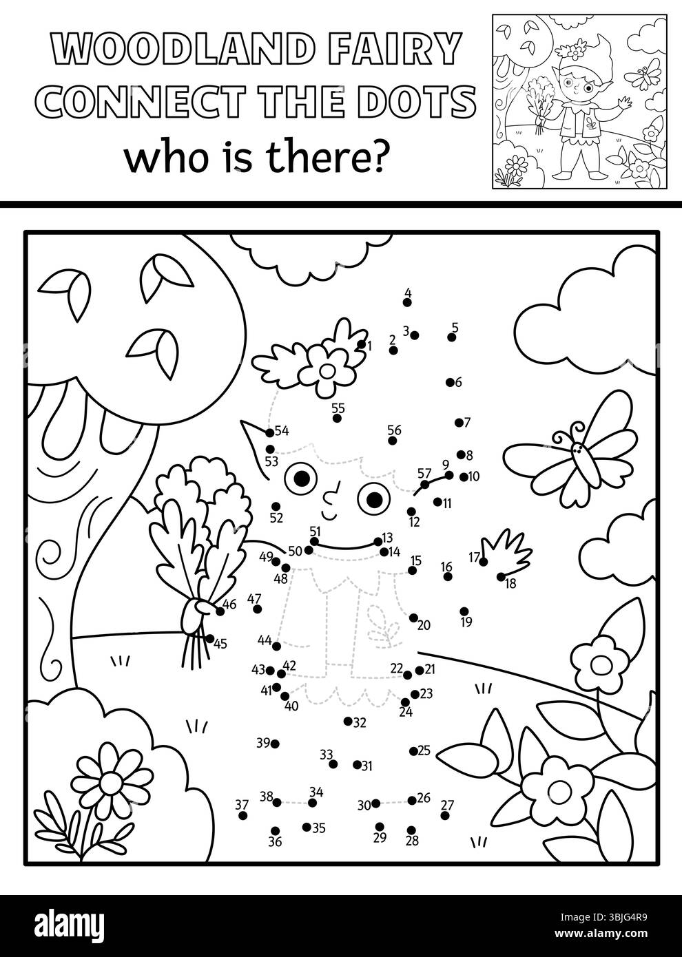 Vector black and white fairyland dot-to-dot activity with elf, line ...