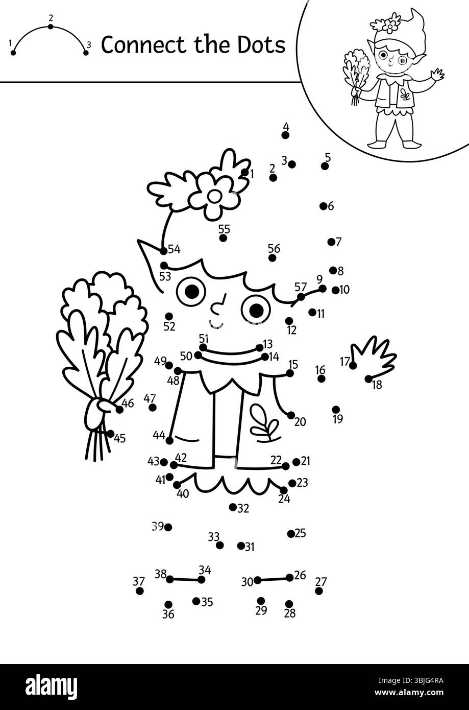 Vector black and white fairyland dot-to-dot activity with elf. Magic ...