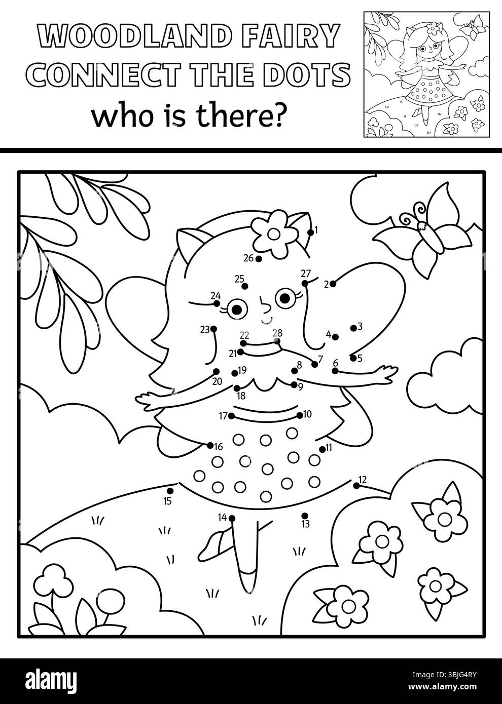 Vector black and white fairyland dot-to-dot activity with fairy, line ...