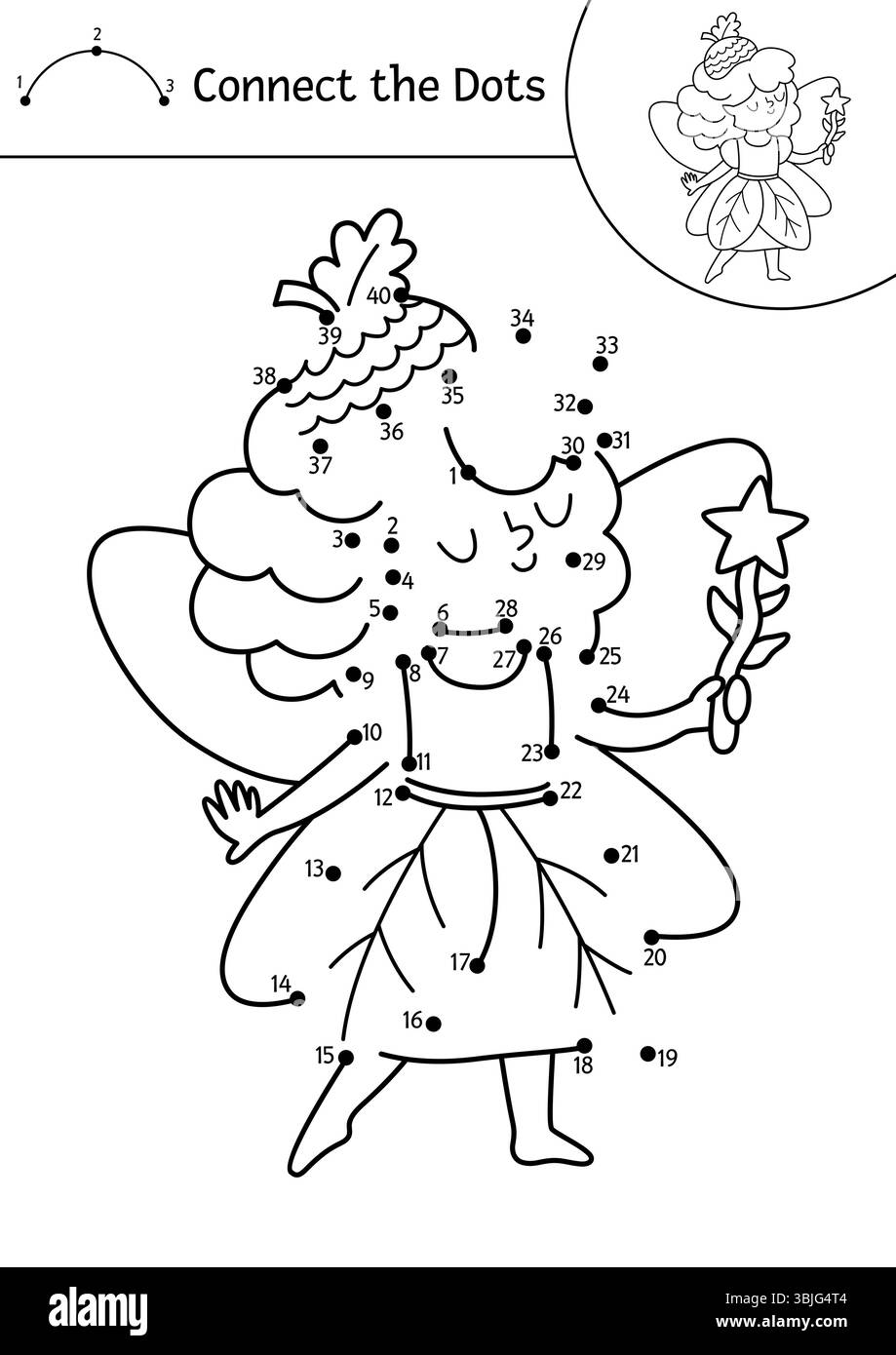 Vector black and white fairyland dot-to-dot activity with acorn fairy ...
