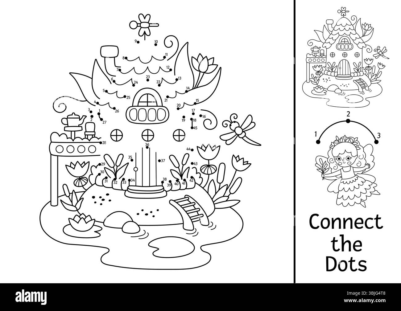 Vector black and white fairyland dot-to-dot activity with swamp fairy ...