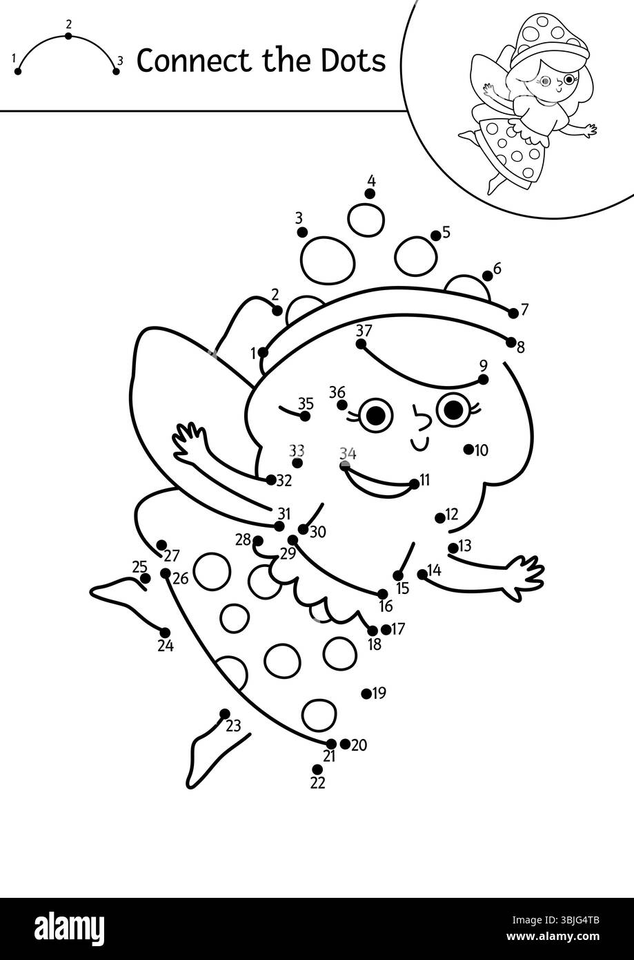 Vector black and white fairyland dot-to-dot activity with mushroom ...
