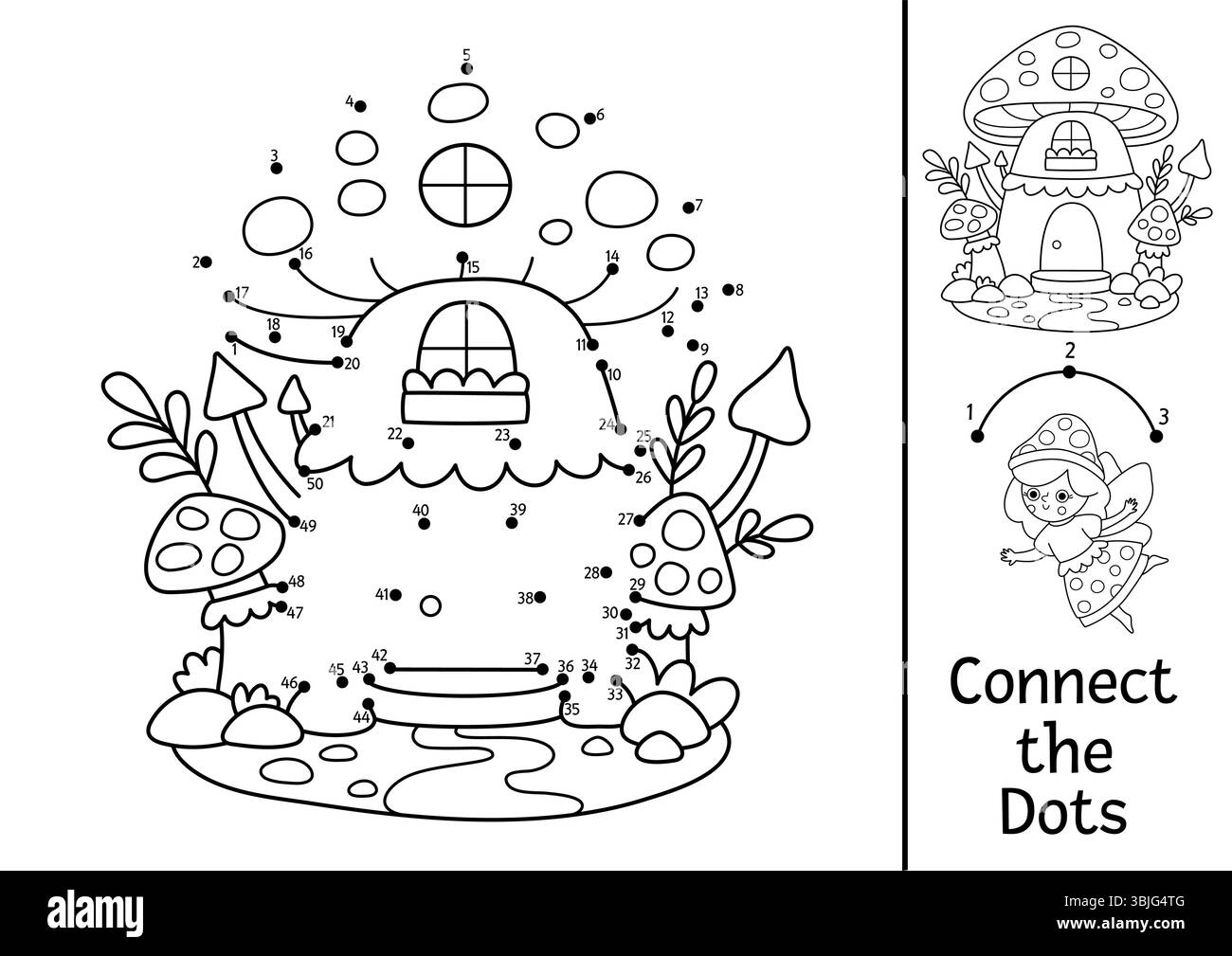 Vector black and white fairyland dot-to-dot activity with mushroom ...