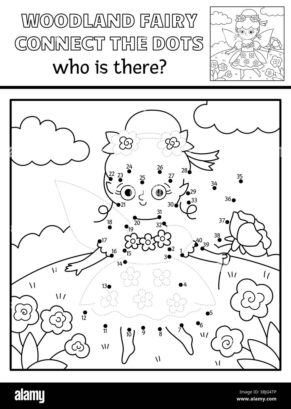 Vector black and white fairyland dot-to-dot activity with flower fairy ...