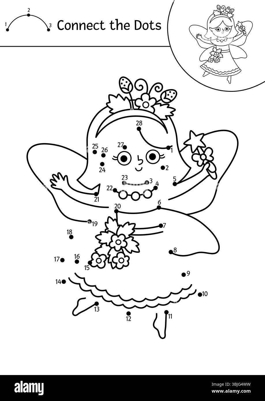 Vector black and white fairyland dot-to-dot activity with berry fairy ...