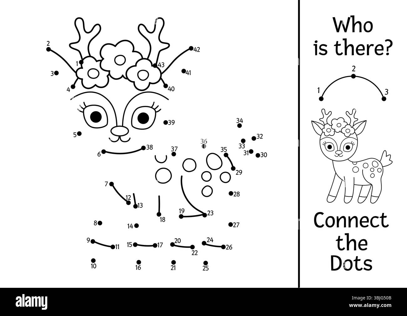 Vector black and white fairyland dot-to-dot activity with deer ...