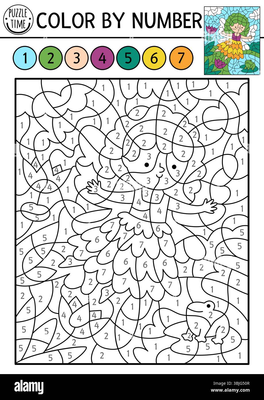 Vector fairyland color by number activity with swamp fairy, water ...