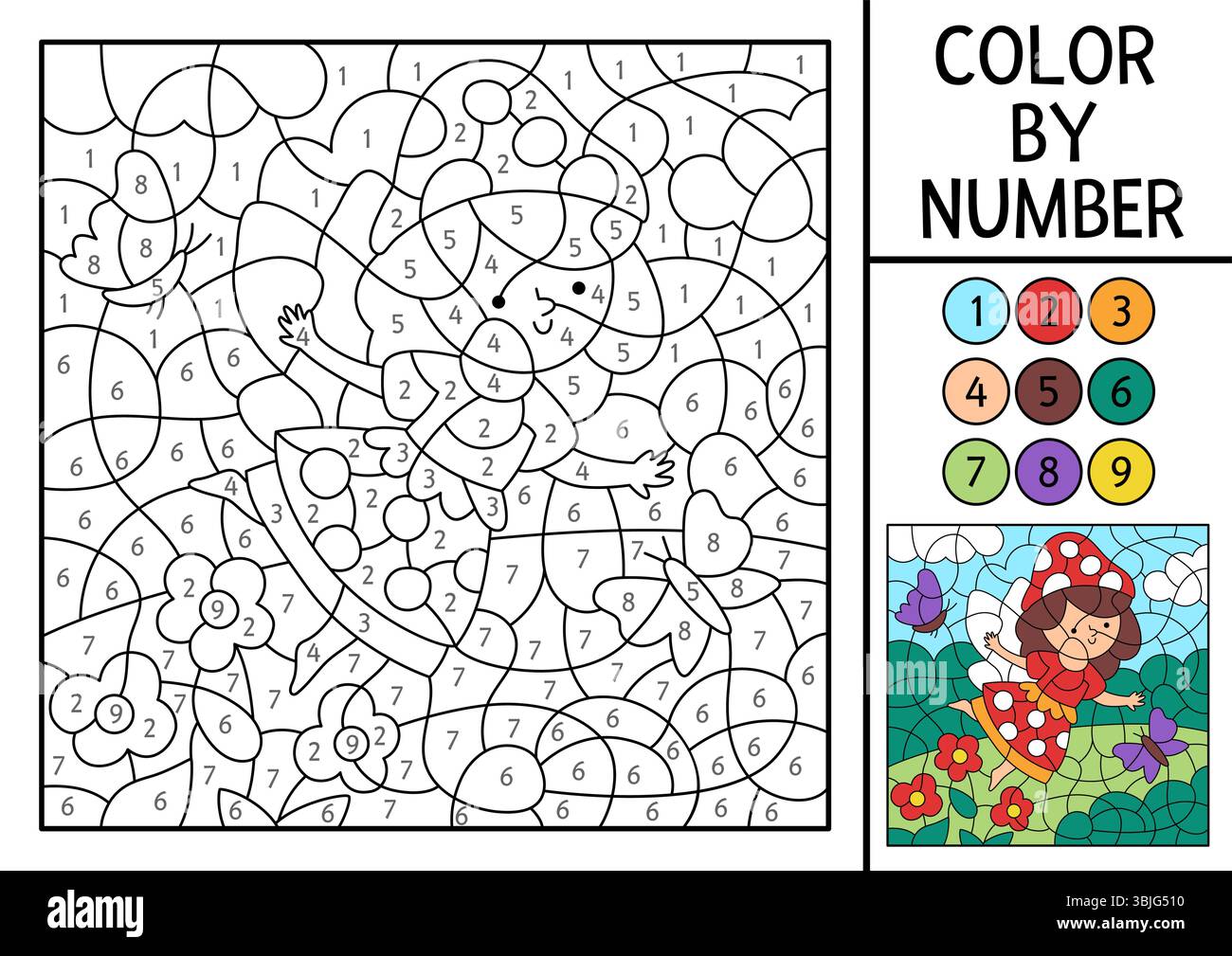 Vector fairyland color by number activity with mushroom fairy on the ...