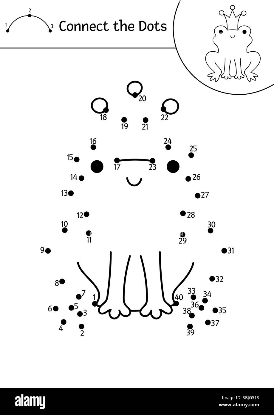 Vector black and white fairyland dot-to-dot activity with frog prince ...