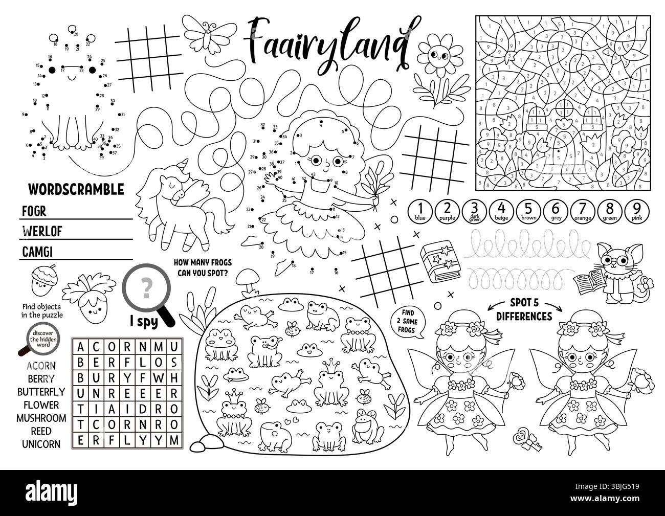Vector fairyland placemat for kids. Magic forest printable activity mat ...