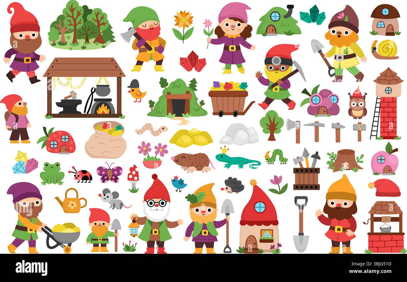 Vector dwarf clipart set. Cute gnome icons collection. Fairytale ...