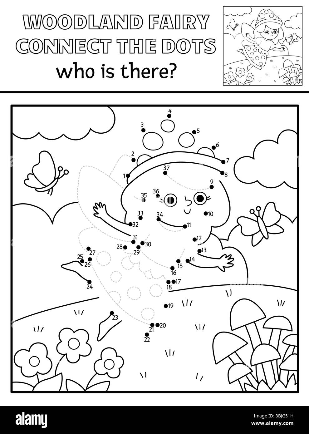 Vector black and white fairyland dot-to-dot activity with mushroom ...