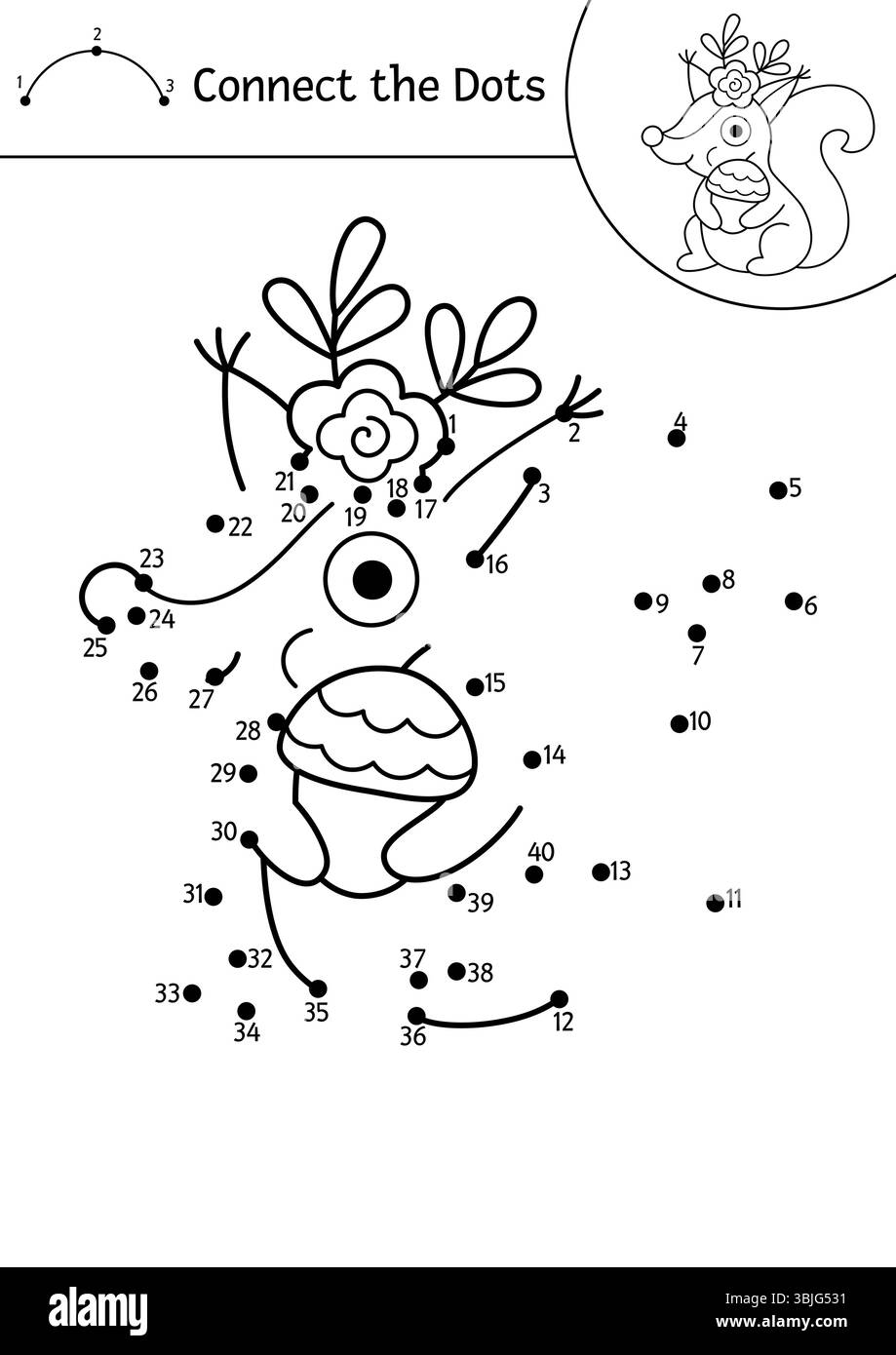 Vector black and white fairyland dot-to-dot activity with squirrel ...