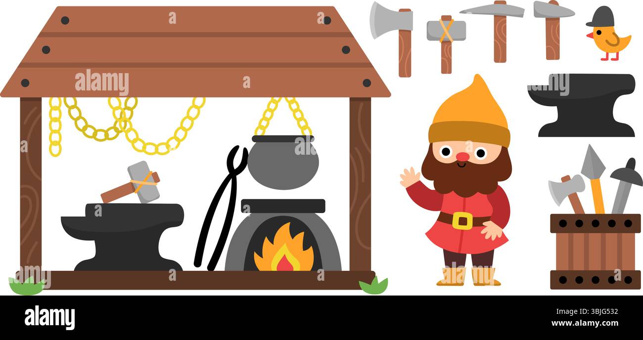 Vector blacksmith dwarf clipart set. Cute ironsmith gnome collection. Fairytale character ...
