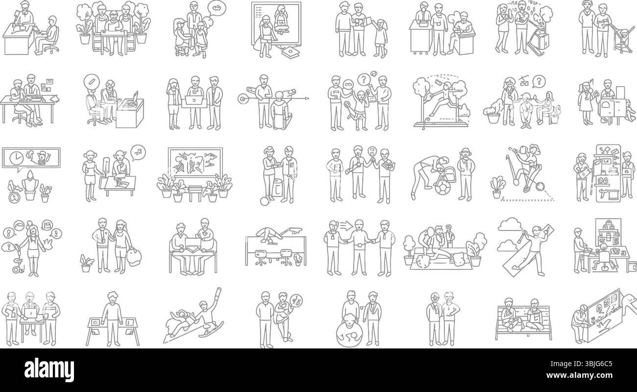 Comprehensive Line Art Icon Set Depicting People in Daily Life, Work ...