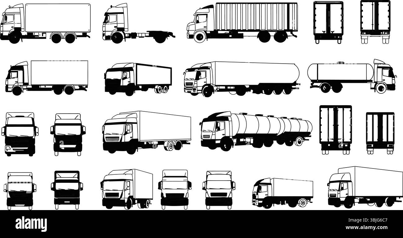 Truck and Trailer Outline Vector Set for Transportation and Logistics ...