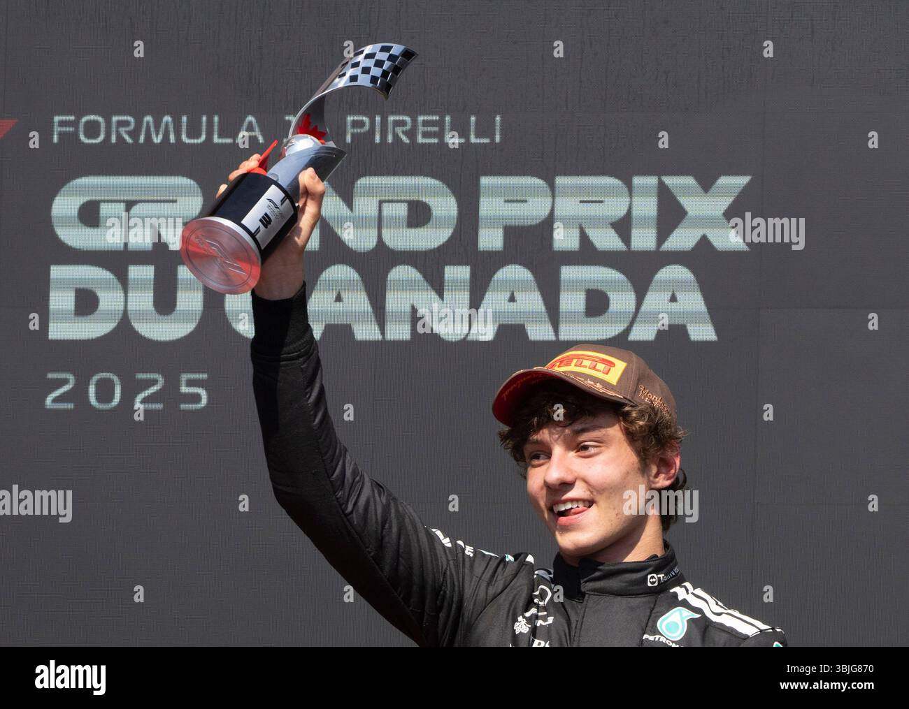 Mercedes driver Kimi Antonelli, of Italy, celebrates after his third ...