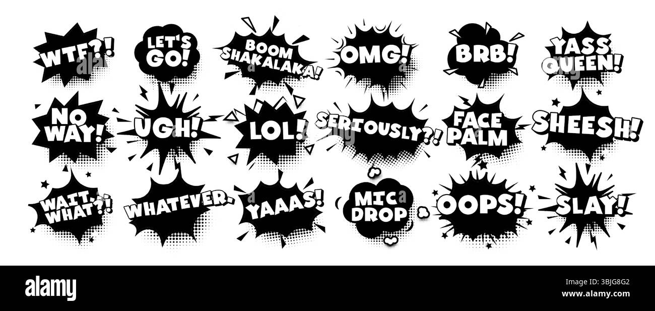 Comic meme speech bubbles with viral slang and emotional expressions in ...