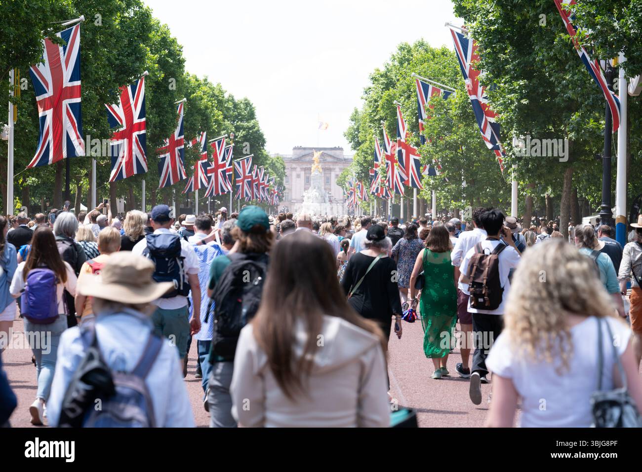 Street scene of crowds in London celebration Kings Charles III official ...