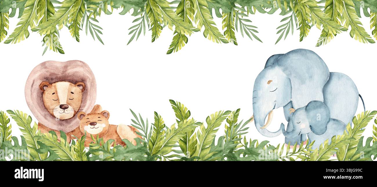 Cute elephant and lion baby and adults in Tropical leaves. Safari ...