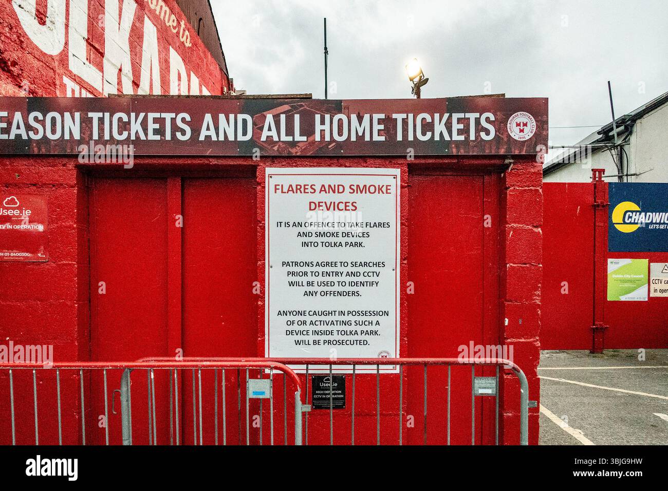 Warning sign at the entrance of Tolka Park, Dublin, stating the ...