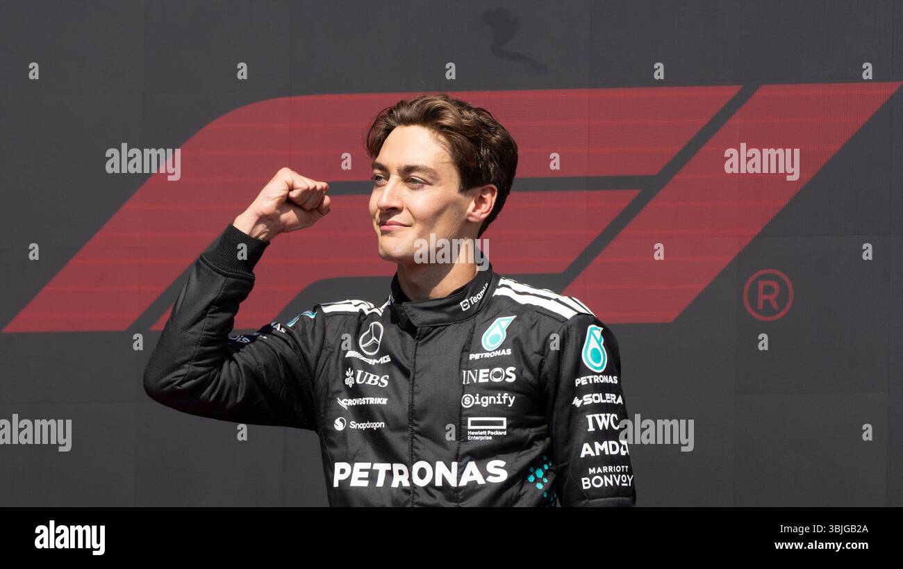 Mercedes driver George Russell, of the United Kingdom, celebrates his ...