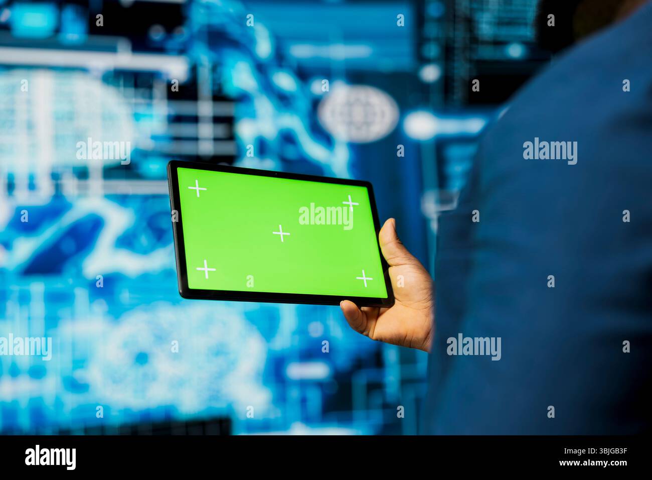 Professional guy in a high tech space uses mockup screen with AI modern ...