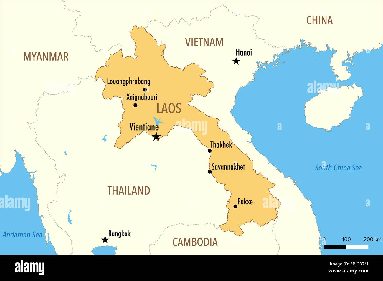 Map of Laos with Major Cities and Neighboring Countries Stock Photo - Alamy