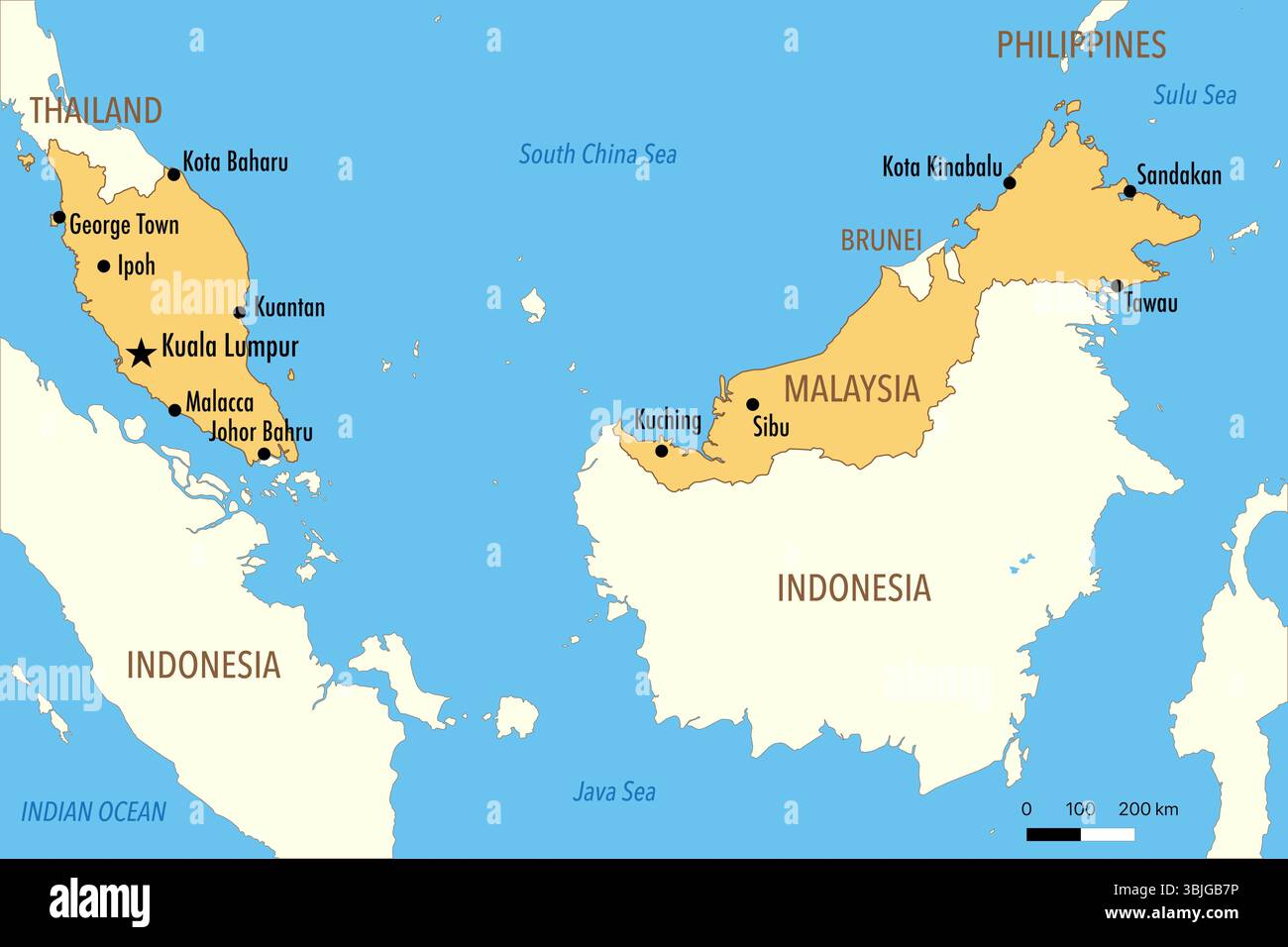 Map of Malaysia with Major Cities and Neighboring Countries Stock Photo ...