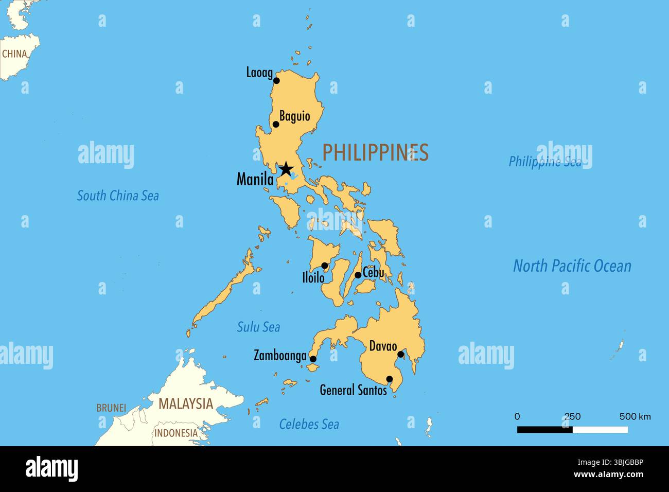 Map of the Philippines with Major Cities and Neighboring Countries ...