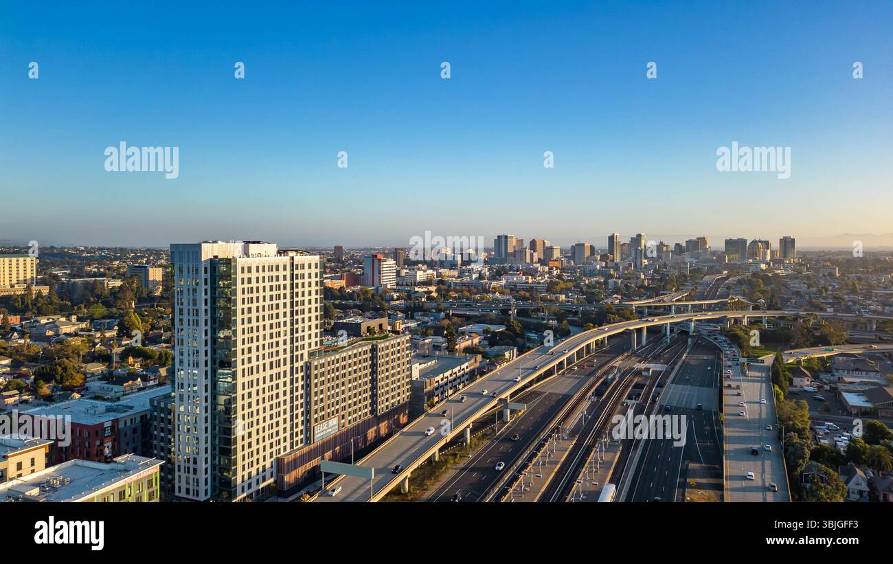 Aerial views of highways and rail lines leading into the city center ...