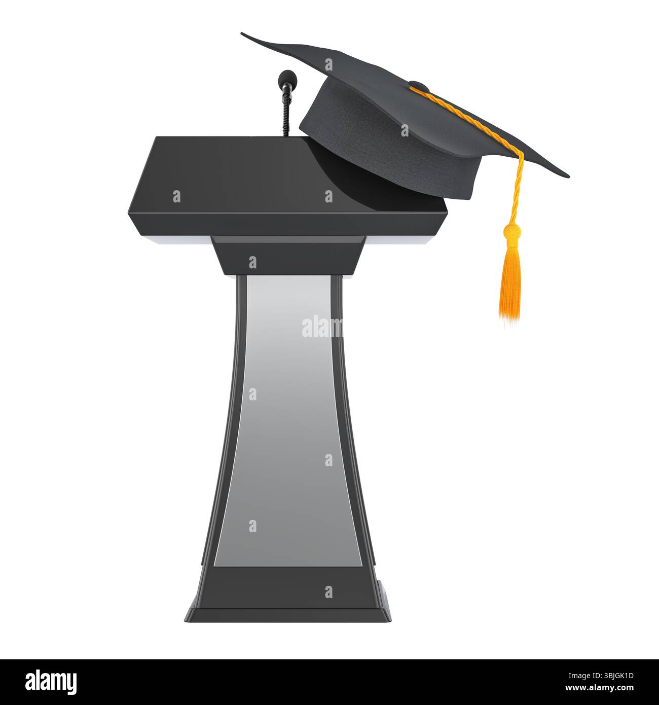 Graduation cap on podium with microphone. Academic achievement, speech ...