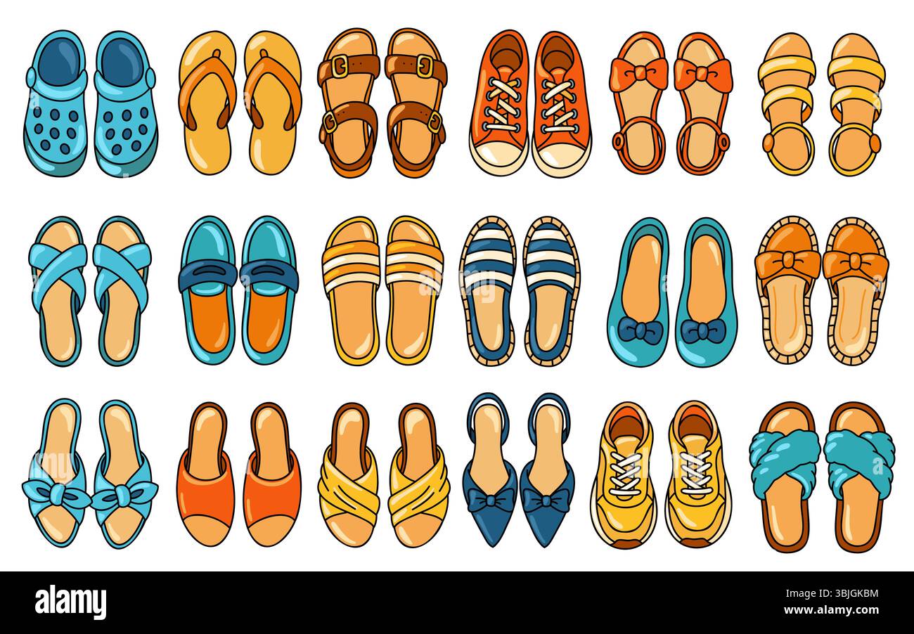 Cartoon female footwear set, top view. Colorful women pair of shoes ...