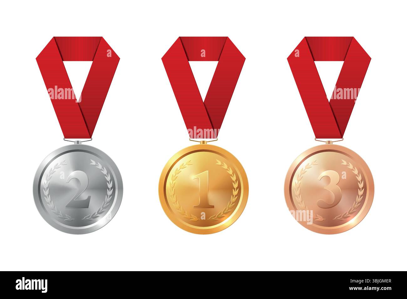 Gold Silver Bronze Medal Set Realistic Vector Icons with Red Ribbon for ...