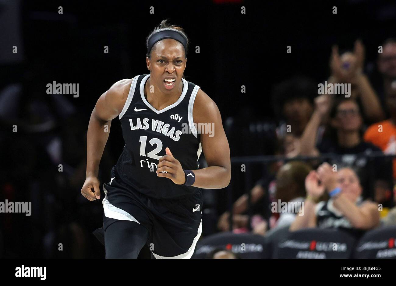 Las Vegas Aces guard Chelsea Gray (12) reacts after scoring a basket ...