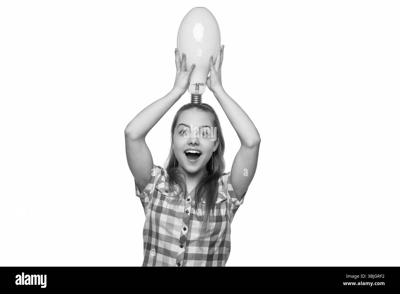 Inspired teen girl genius isolated on white. Teen girl with bulb. Girl ...