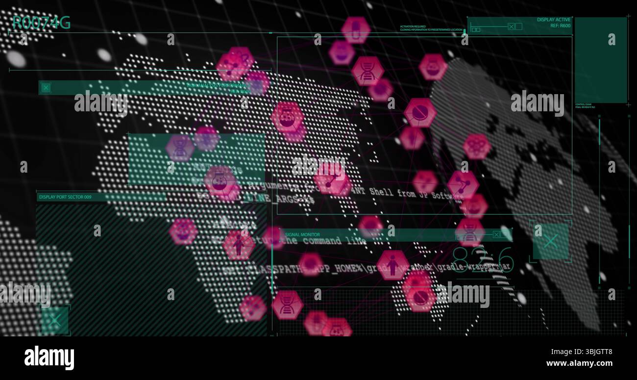 Displaying dotted world map on virtual console, with green panels, terminal text, magenta hex ...