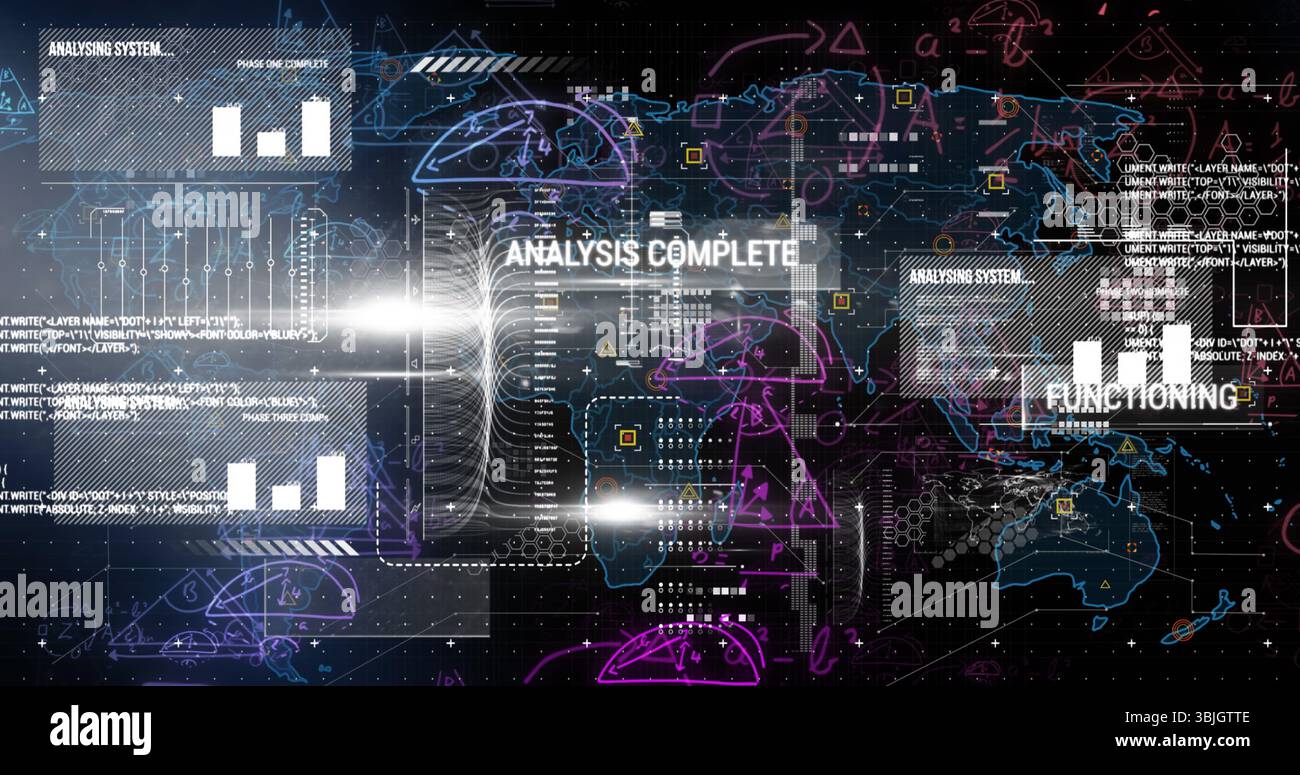 Displaying interface projecting world map with cascading data streams on futuristic control ...