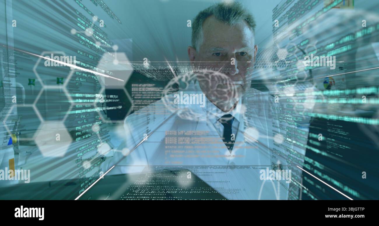 Analyzing senior scientist in lab coat examining holographic brain ...