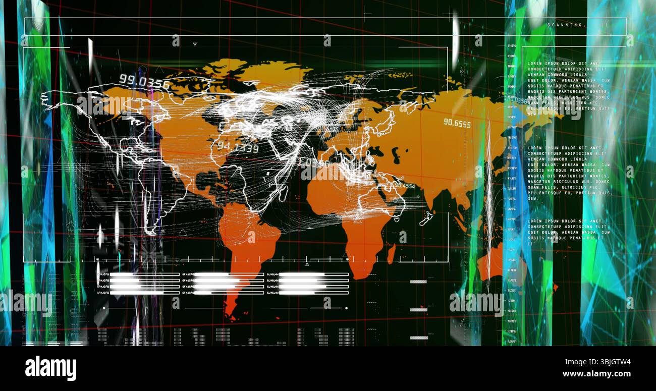 Displaying orange digital world map on red grid dashboard, showing white lines and numeric ...