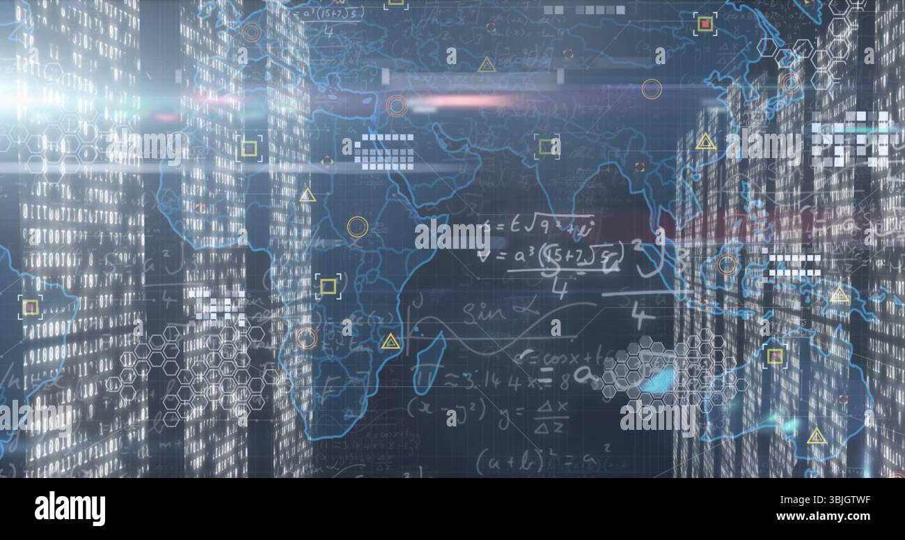 Projecting network visualization over server racks in server room, with binary code and world ...