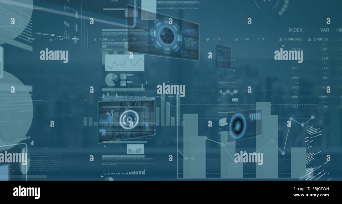 Hovering data interface overlaying skyline view with panels showing ...