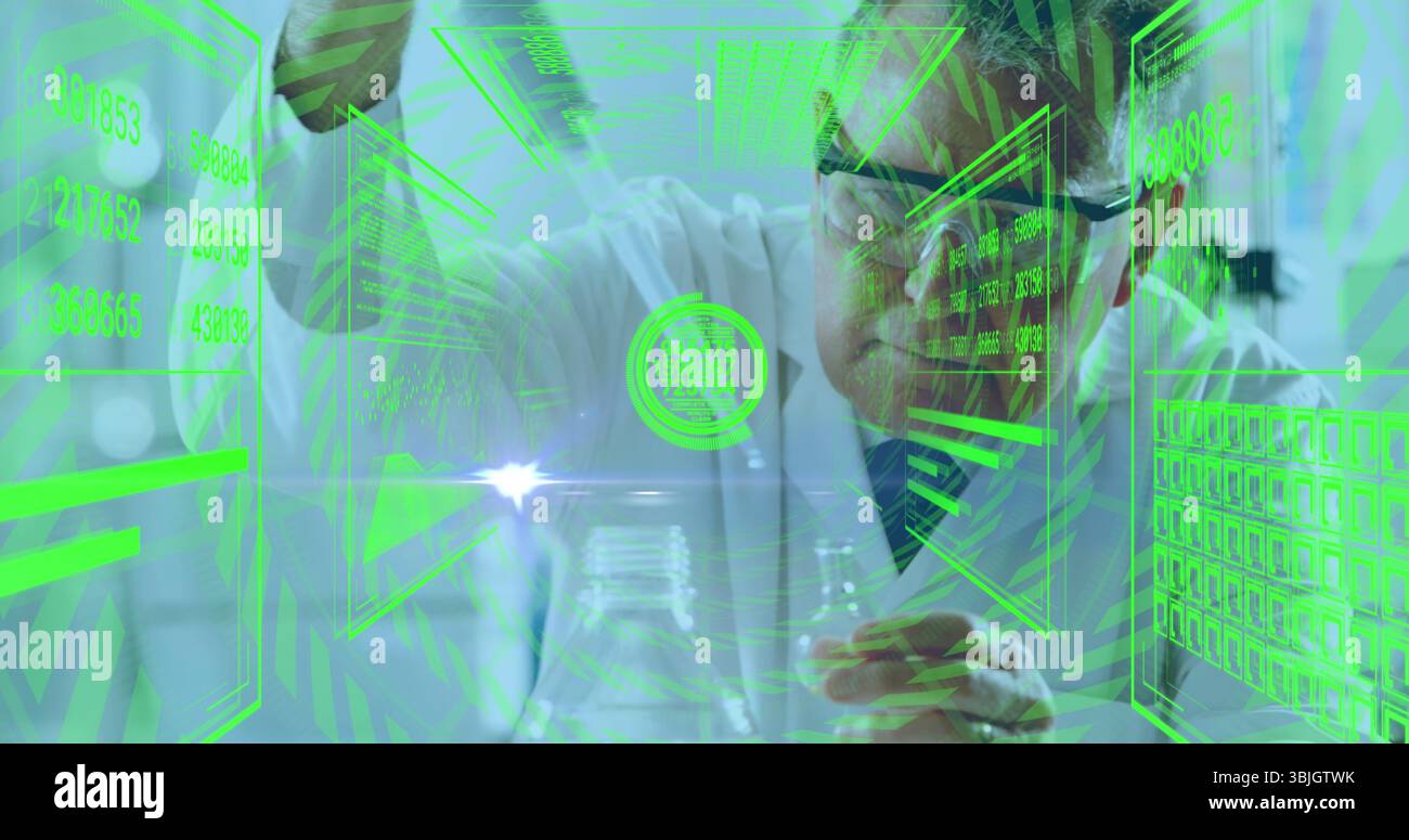 Scientist wearing lab coat, goggles conducting experiment in lab with ...