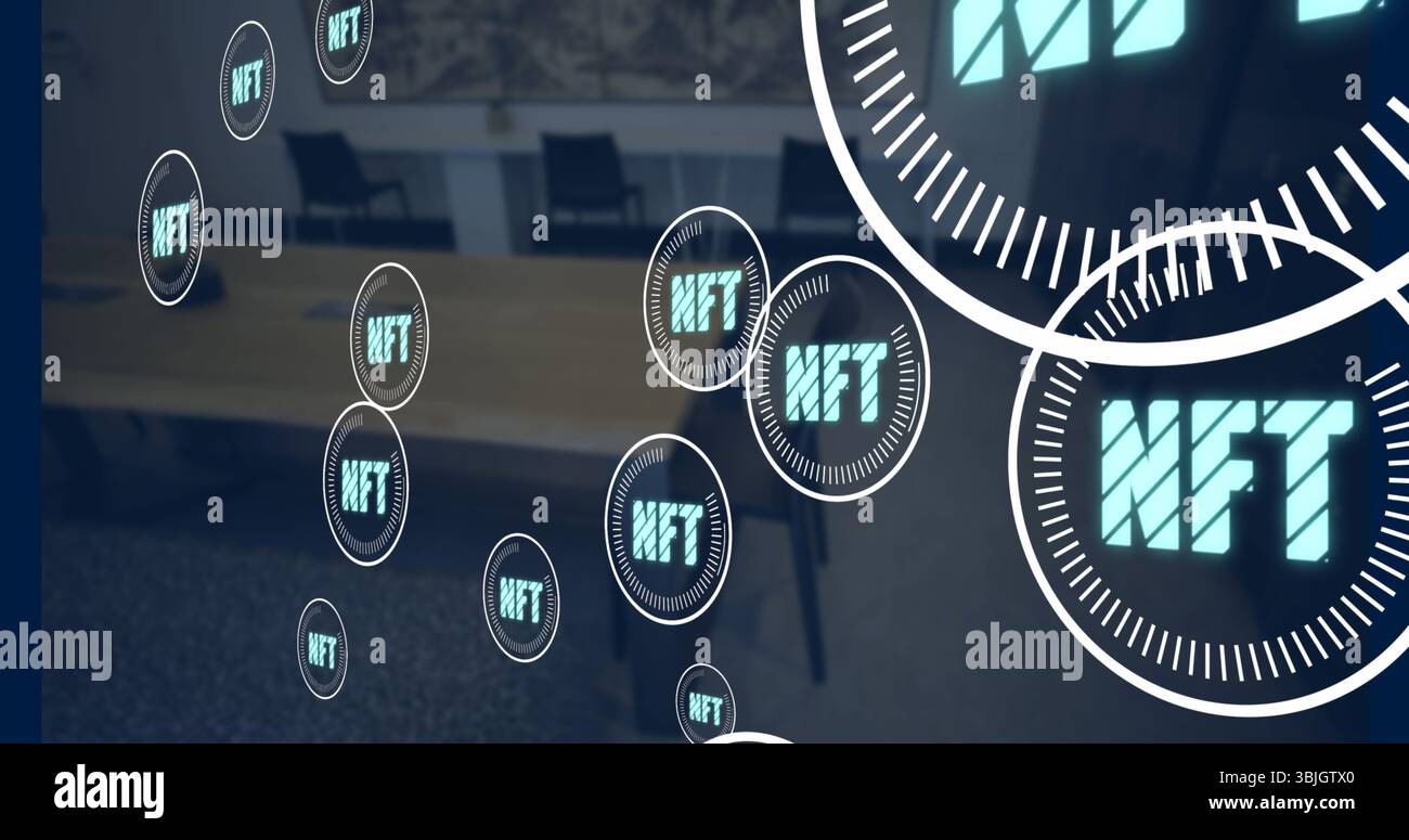 Hovering digital tokens labeled NFT above wooden conference table in ...