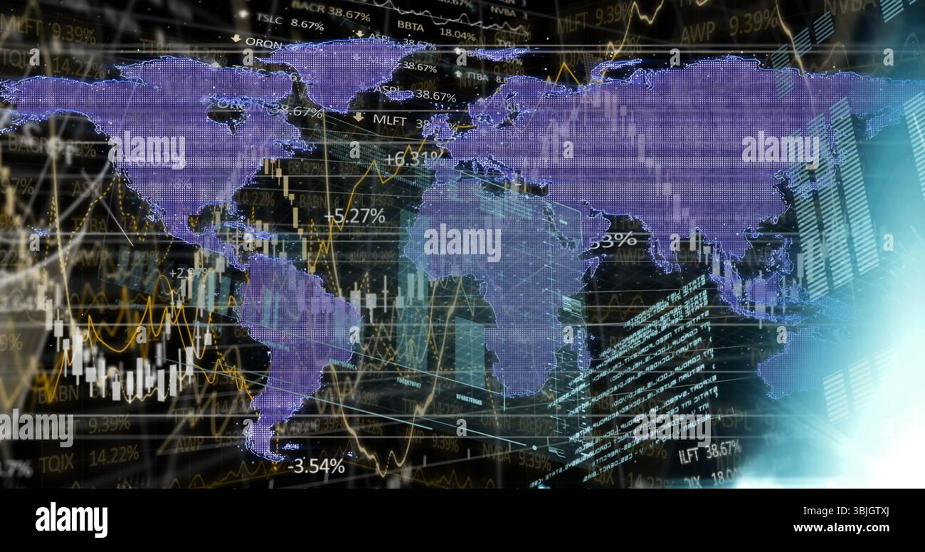 Displaying purple world map overlaying dashboard, showing candlesticks graphs percentages cyan ...