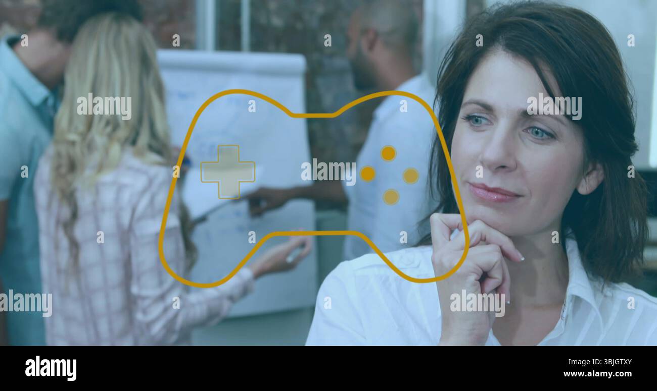 Woman in blouse gazing at team discussing flipchart in meeting room ...