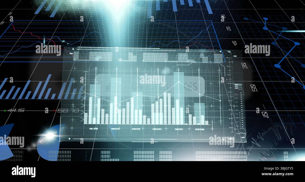 Displaying holographic data panel floating in digital space, with vertical bar chart and light ...