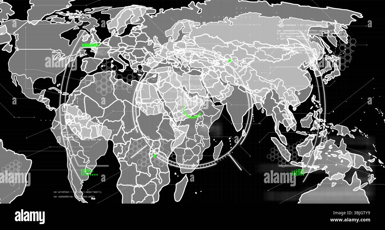 Displaying world map on interface with white outlines, hex radar grid ...